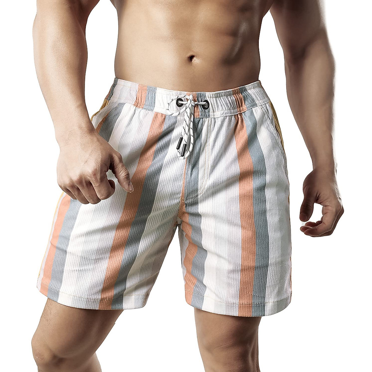 JOTOOK Men's Casual Drawstring Corduroy Shorts Elastic Waist Summer Shorts with Pocket Printed Shorts Medium Grey White Stripe