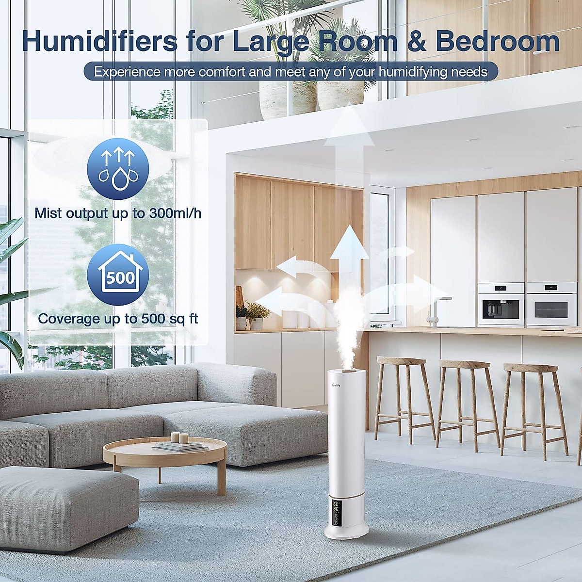 9L Large Humidifiers for Bedroom - Cool Mist Humidifier with 3 Mist Speeds, Remote Control, Top Fill Design, 360° Nozzle, 24H Timer | Whisper-Quiet Tower Design for Baby, Home, Adults, Plants