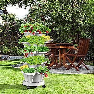 Tectsia Strawberry Vertical Planters, 5 Tiered Stacking Tower Garden, Stackable Herb Vegetable Planters with Movable Casters and Bottom Saucer Indoor and Outdoor - White