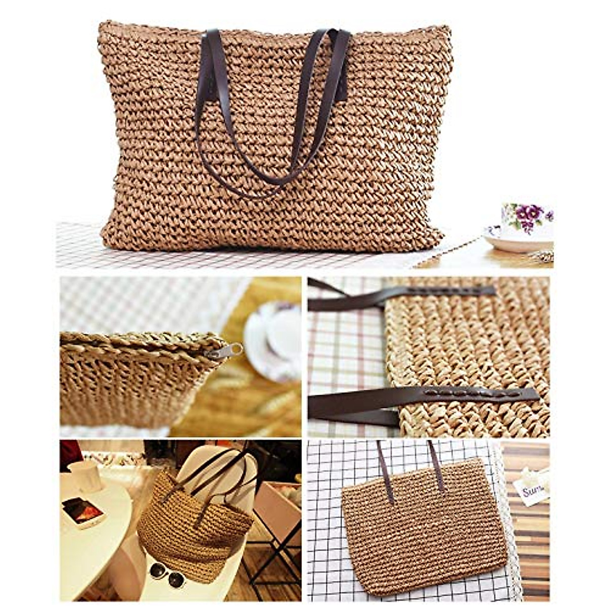 Ayliss Women Straw Woven Tote Large Beach Handmade Weaving Shoulder Bag Purse Straw Handbag (Square Khaki #2)