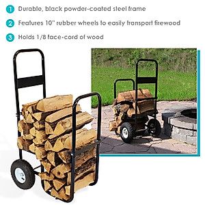 Sunnydaze Outdoor Firewood Log Cart with Pneumatic Tires - Black Steel Rolling Wood Carrier