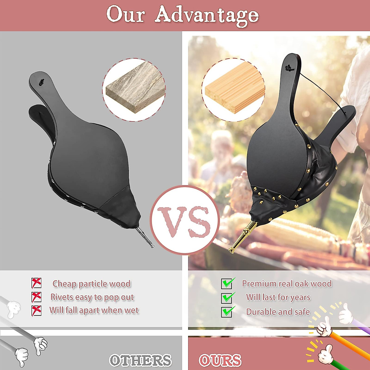 EsLuker.ly Fireplace Bellows Indoor 15.5" x 7", Wood Air Blower with Hanging Strap Cast Nozzle Hand Bellow Pump for Fire Pit Wood Stove BBQ Outdoor Camping (Black)