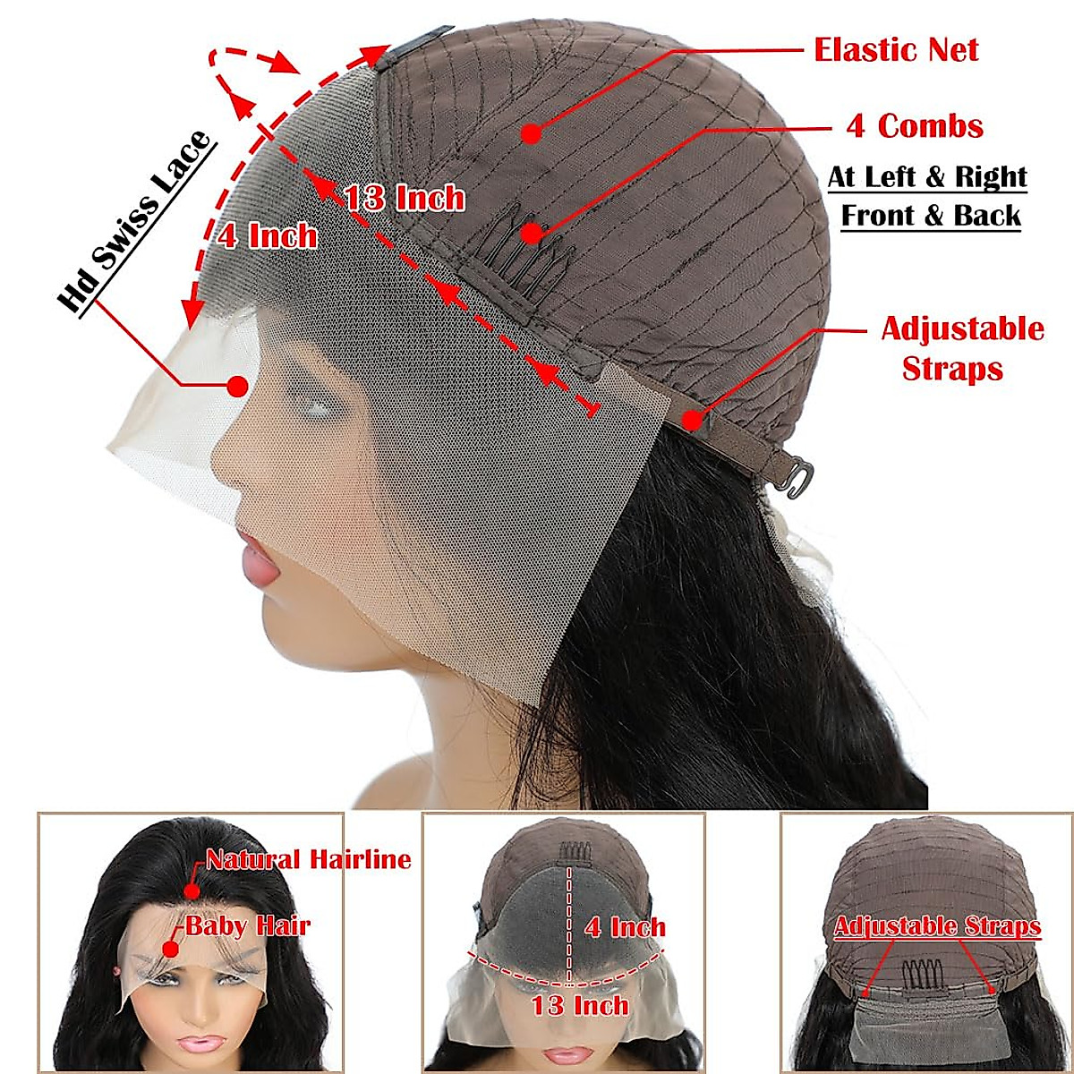 Body Wave Lace Front Wigs Human Hair Pre Plucked 13x4 HD Transparent Lace Frontal Wig with Baby Hair 180% Density Brazilian Virgin Human Hair Lace Front Wigs for Women Natural Black 22inch