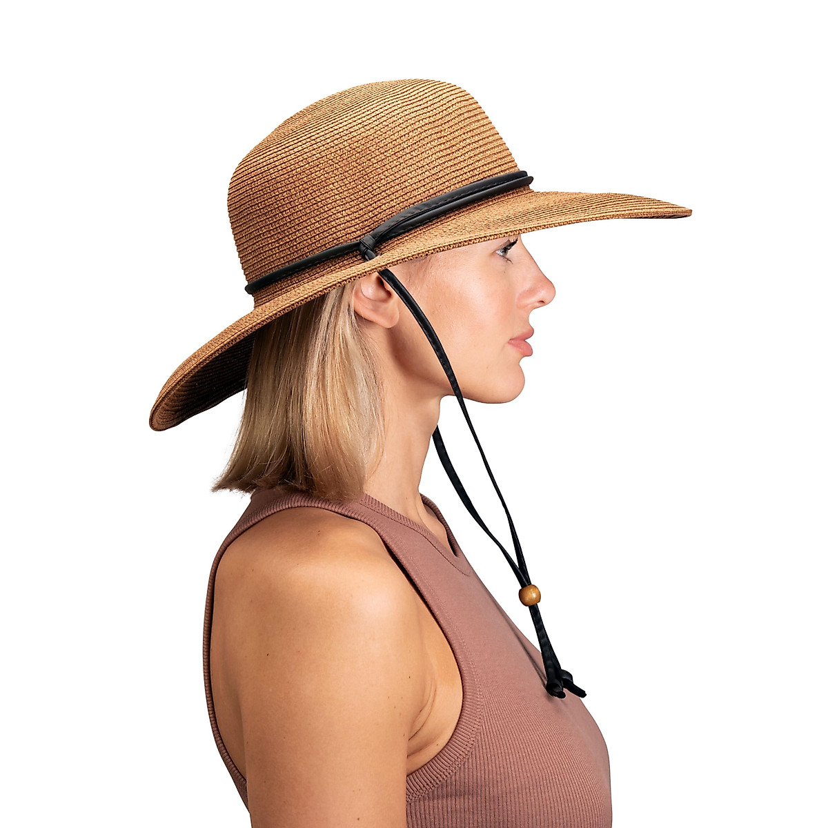 Sloggers Women's Wide Brim Braided Sun Hat with Wind Lanyard - UPF 50+ Maximum Sun Protection Dark Brown