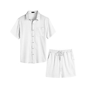 COOFANDY Men Casual Linen Shirt and Short Two Piece Drawstring Elastic Waist Short White