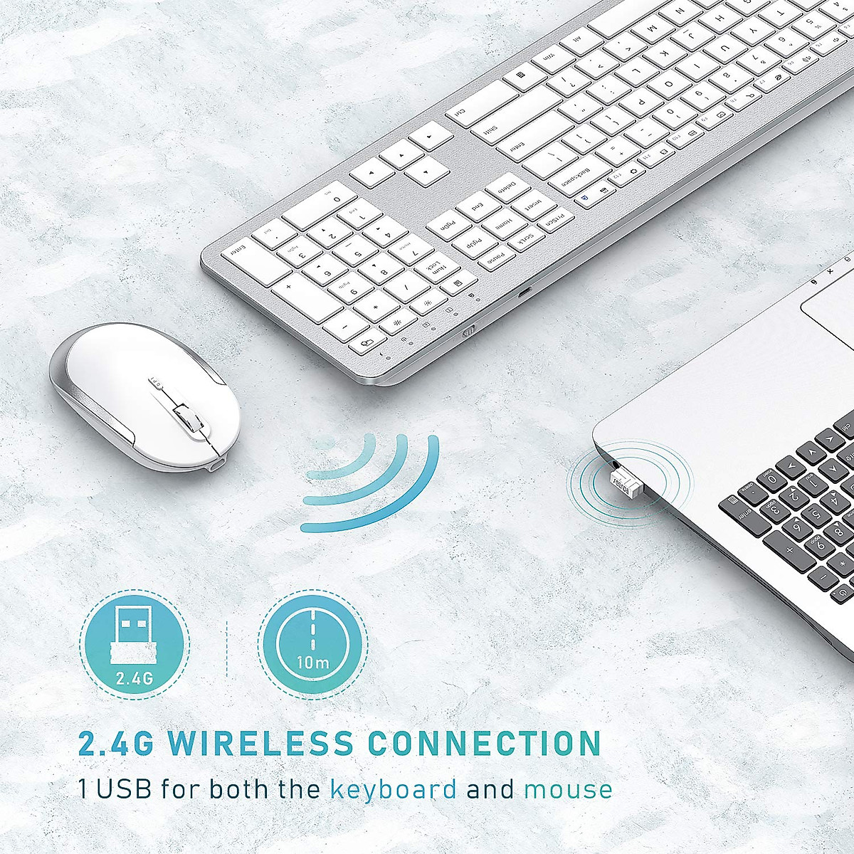 Rechargeable Wireless Keyboard Mouse Combo - Seenda Full Size Cordless Keyboard & Mouse Sets with Build-in Lithium Battery Ultra Thin Quiet Keyboard Mice - Silver and White