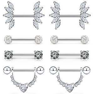 Lcolyoli 14G Surgical Steel Nipple Rings Crystal Nipple Shield Barbell Ring Staight Bar Nipplerings Body Piercing Jewelry for Women Men Silver-tone