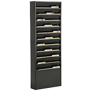 Displays2go File Folder Wall Rack with 11 Tiered Pockets, Shows Only The Top Portion of a File Folder, Office Filing Rack for Wall Mount - Black Powder-Coated Steel