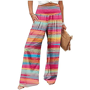 Flare Yoga Pants, Women's Stylish High Waist Sweatpants Casual Elastic Floral Print Wide Leg Trousers Casual Beach Slacks with Pockets Womens Flowy Pants Tall Trousers Joggers (XL, Hot Pink)
