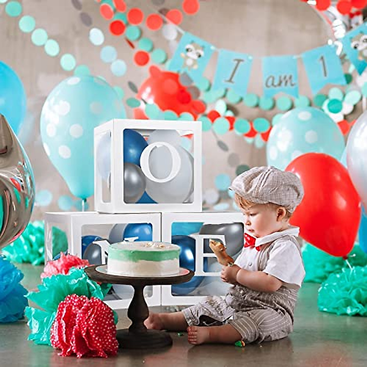Keencopper First Birthday Decorations For Boy Or Girl, 3 Pcs ONE Balloon Boxes For 1st Birthday, Baby Clear Blocks Party Decor With ONE TWO Letters For Photoshoot Props, Cake Smash Backdrop