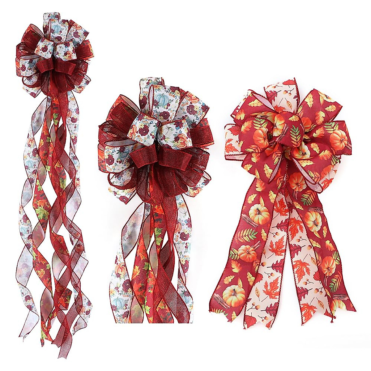 1.5" and 2.5'' Burgundy Fall Pumpkin Maple/Oak Leaf Wired Ribbon for Autumn and Thanksgiving Holiday 6 Rolls Total 30 Yards in Length (Fall Pumpkin)