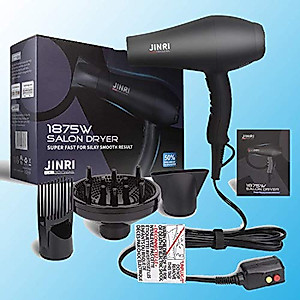 Hair Dryer 1875W, Negative Ionic Fast Dry Low Noise Blow Dryer, Professional Salon Hair Dryers with Diffuser, Concentrator, Styling Pik, 2 Speed and 3 Heat Settings (Black)