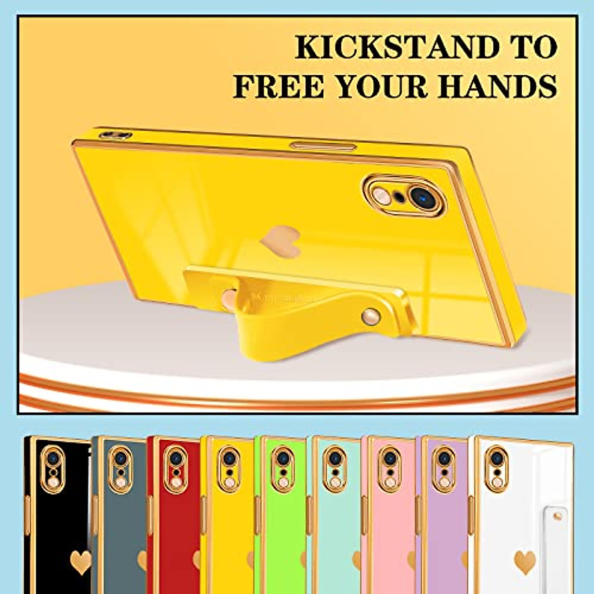 Petitian for iPhone XR Case Stand/String, Luxury Cute Women Girls Heart Electroplated Designer Phone Cases for XR, Yellow
