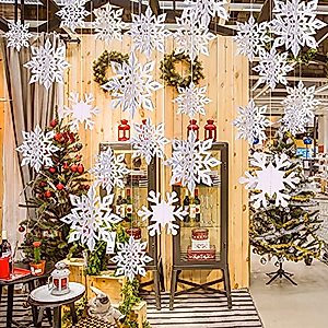 12PCS Winter Christmas Snowflakes Hanging Decorations - 3D White Paper Snowflake Garland with Snowflake Banner for Christmas Holiday Winter Wonderland Frozen Party Decorations