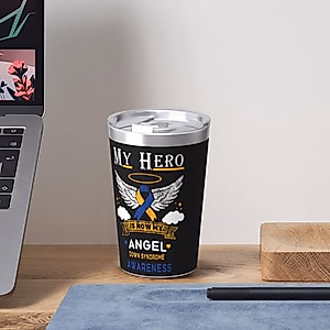 12oz Tumbler My Hero Is Now My Angel Down Syndrome Awareness Stainless Steel Cup With Straw And Lid Spill Proof Bulk Double Wall Vacuum Reusable Water Tumblers For Cold Hot Drink