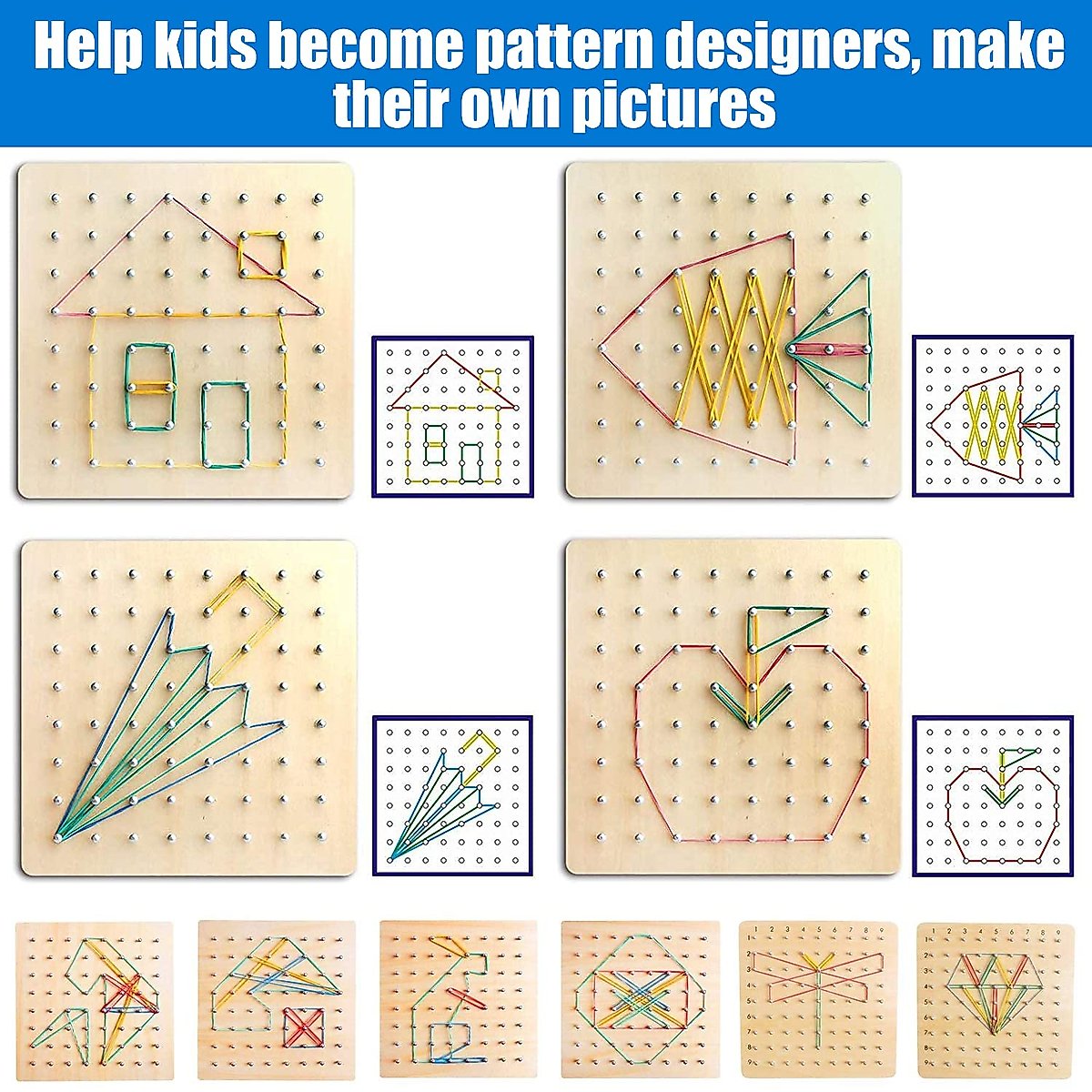SGVV90 Wooden Geoboard,Mathematical Manipulative Material Array Block Geo Board with Pattern Cards and Rubber Bands to Create Figures and Shapes,Montessori Toy,Brain Teaser STEM Toy for Children Kids