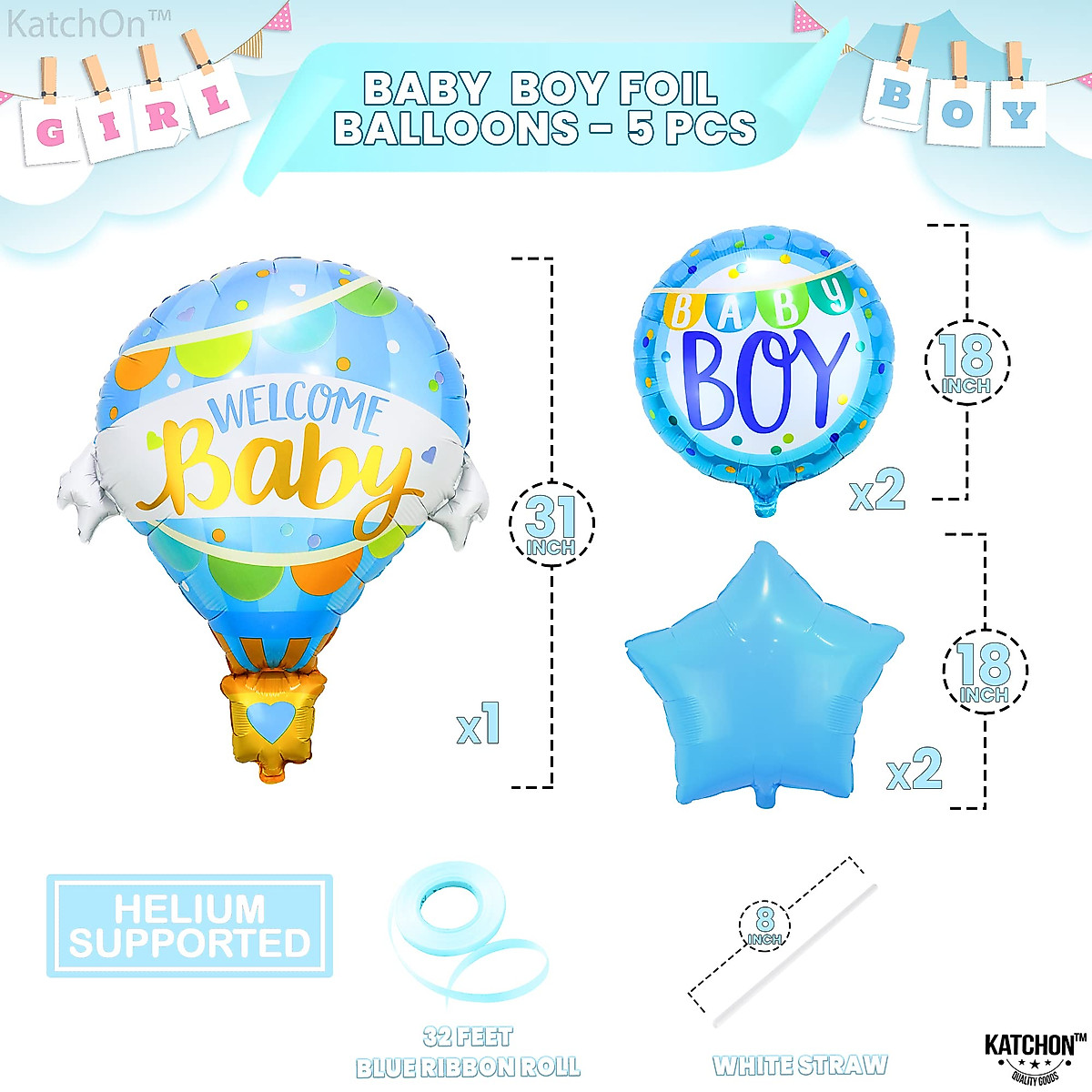 KatchOn, Welcome Baby Boy Balloons - 31 Inch, Pack of 5 Its A Boy Balloon Set | Welcome Baby Balloons for Welcome Home Baby Boy Decorations | Baby Shower Balloons for Boy | Baby Boy Balloon Decoration