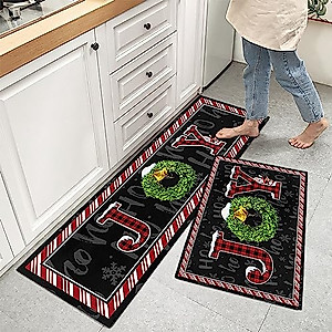 Miaklek Christmas Kitchen Mats Anti Fatigue 1 Piece, Kitchen Mats for Floor, Comfort Mat for Kitchen Floor, Non Skid Mats for Kitchen,Office,Sink,Oven,Laundry, Red and Black Plaid Christmas Joy