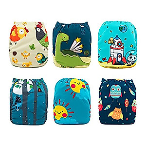 babygoal Reusable Cloth Diapers for Baby Boys, One Size Adjustable Washable Pocket Nappy Covers 6 Pack+ 6pcs Microfiber Inserts+4pcs Bamboo Inserts 6FB15
