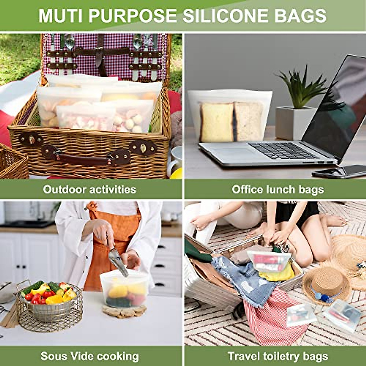 SPLF 6 Pack Silicone Reusable Food Storage Bags, BPA Free Meal Prep Containers, Reusable Ziplock Bags, Microwave Dishwasher Freezer Safe Silicone Sandwich Snack Lunch bag Bowl