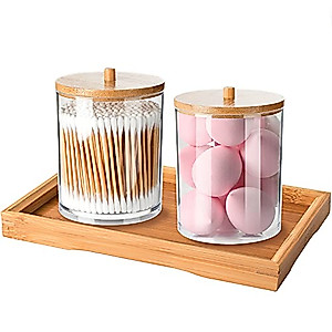 Qtip Holder Dispenser with Bamboo Vanity Tray, Acrylic Apothecary Jars Bathroom Canisters for Cotton Ball Pad Round Swab