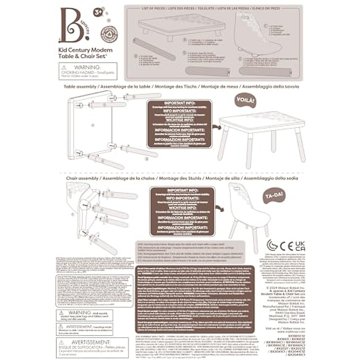 B. toys- B. spaces- Table and Chair Set- Furniture For Toddlers- 1 Craft Table & 2 Chairs- Natural Wooden Legs- Pink & Ivory- 3 years +