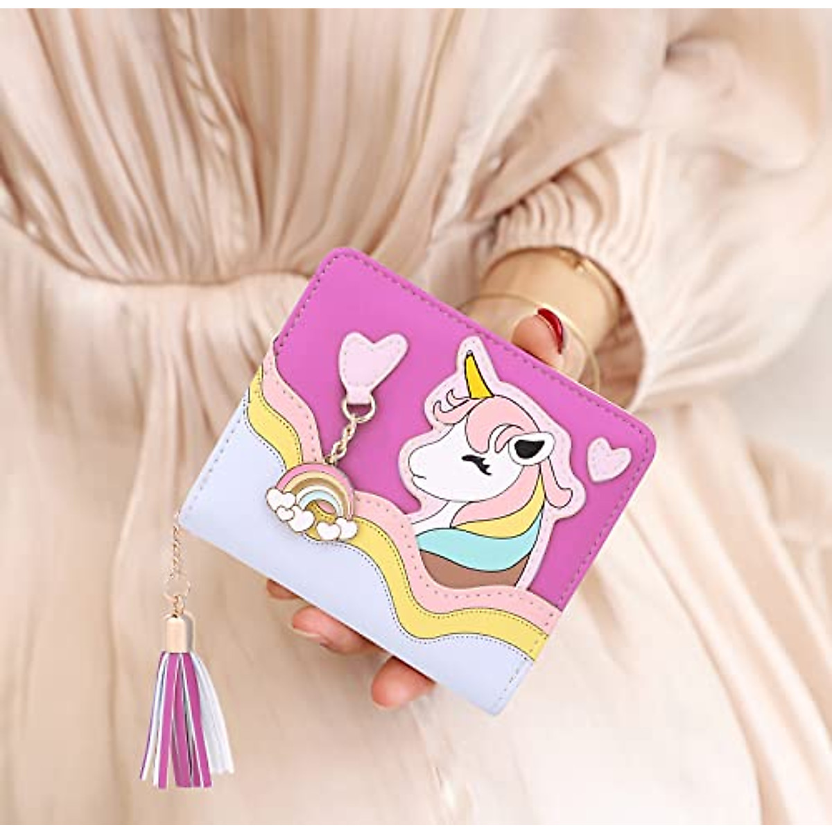 UTO Wallet for Girls Cute Unicorn Leather Vegan Small Women Tassel Rainbow Pendant Card Holder Kawaii Coin Purse