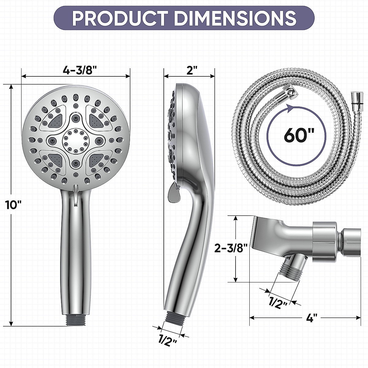 TICONN 7-Function Shower Head with Handheld, High Pressure Shower Heads Set with Stainless Steel Hose & Adjustable Bracket Toolless (Chrome)