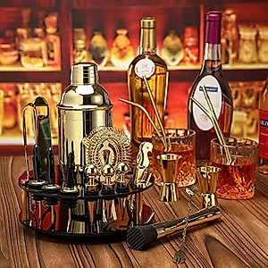 X-cosrack 19-Piece Bar Set,Gold Cocktail Shaker Set for Drink Mixing:Stainless Steel Bar Tools with Rotating Stand,Professional Bartender Kit for Home Bars, Parties