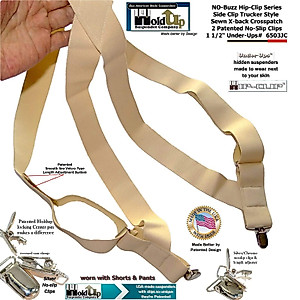 Holdup Hip-Clip Style Under-Ups Tan 1 1/2" Suspenders for Men with the USA Patented Metal "No-Slip" Clip