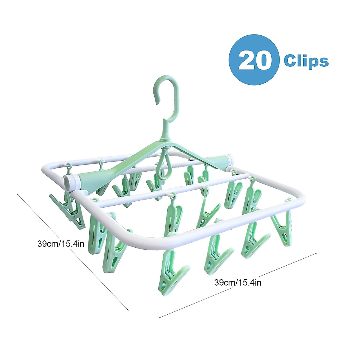 HAOYIJIA Foldable Clip Clothes Drying Racks, Drip Hanger Plastic with 20 Drying Clips 360° Rotatable Hook Laundry Clip for Drying Towels Bras Baby Clothes Gloves