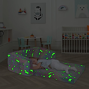 Kids Sofa Glow in The Dark Toddler Chairs Extra Wide 2 in 1 Fold Out Flip Open Baby Convertible Sofa to Lounger,2 Seats Soft Comfy Glowing Foldable Children Armchairs Kids Girls Boys Sofa Bed