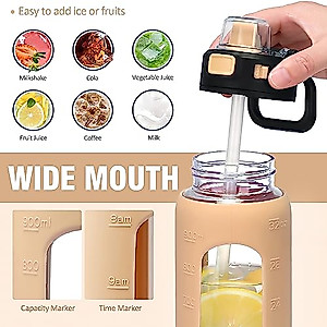 Kodrine Water Bottle with Soft Straw and Carry Loop, 32 oz Glass Water Bottle, Bottle with Locking Lid Leakproof, Sports Water Jug, Motivational Drinking Bottles for Gym Travel Home, Amber