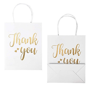 LaRibbons Medium Size Gift Bags - Gold Foil Thank You White Paper Bags with Handles for Wedding, Birthday, Baby Shower, Party Favors - 12 Pack - 8" x 4" x 10"
