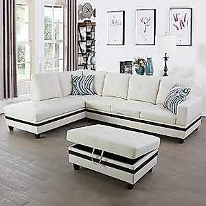 GEBADOL 103" Wide Sectional Living Room Furniture Set L-Shape Sofa Chaise and Storage Ottoman 3 Pieces Faux Leather Couch Set (White&Black/Left-Hand Facing)
