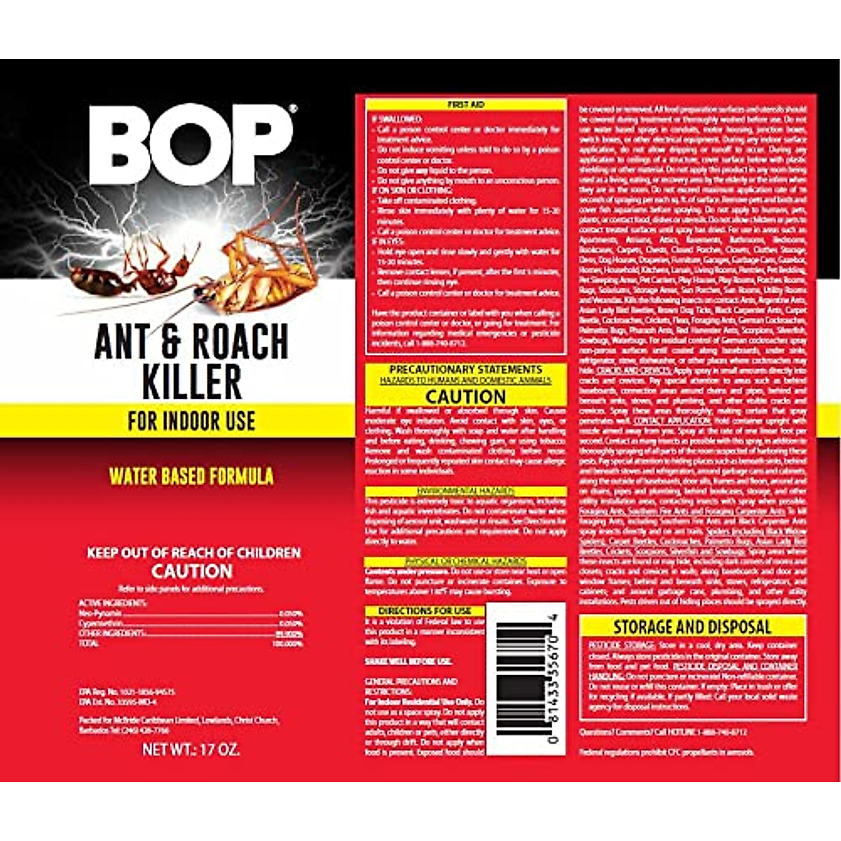 BOP Ant & Roach Killer, 17 oz, Easy to Use Pest Control Spray, Kills Bugs On Contact and Keeps Your Home Insect Free, Indoor/Outdoor Use for Quick Results