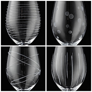 Joeyan Hand Blown Etched Red and White Wine Glasses,Stemmed Glasses with Stripes and Dots Pattern,Clear Carved Long Stem Glassware Set for Wine Tasting Birthday Anniversary Wedding,19 oz,Set of 4