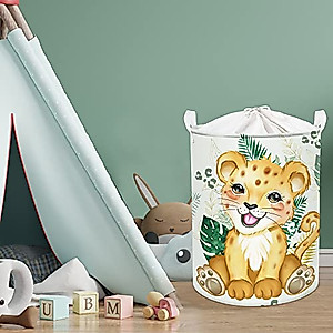 Clastyle Woodland Animal Leopard Nursery Hamper Green Tropical Palm Leaves Laundry Basket Round Toy Clothes Storage Basket for Kid Bedroom
