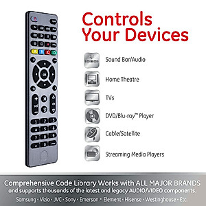 GE Universal Remote Control, Samsung Remote, Universal TV Remote for Roku TV, Vizio, LG, Sony, Sharp, Roku, Apple TV, TCL, Panasonic, Streaming Players, Blu-ray, DVD, 4-Device, Graphite, 33711