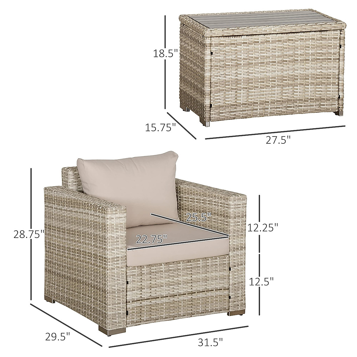 Outsunny 3 Piece Patio Furniture Set, PE Rattan Small Wicker Balcony Furniture, Table & Chairs with Cushions Composite Table, Conversation Set for Apartment, Gray