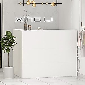 AIEGLE Reception Desk with Counter Drawers & Storage Shelves, L-Shaped Reception Counter Table for Salon Reception Room Checkout Office, White (55.9" L x 32.3" W x 48.4" H)