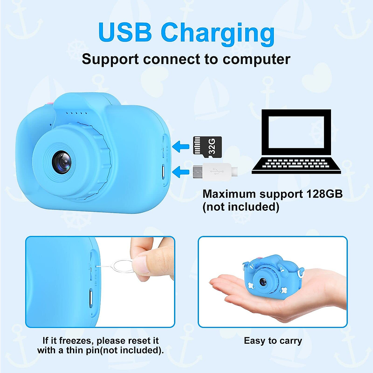 WEDNKOLY Upgrade Selfie Kids Camera, Christmas Birthday Gifts for Boys Girls Age 3-9, HD Kids Digital Video Camera for Toddler Portable Toy for 3 4 5 6 7 8 Years Old Girl - Blue