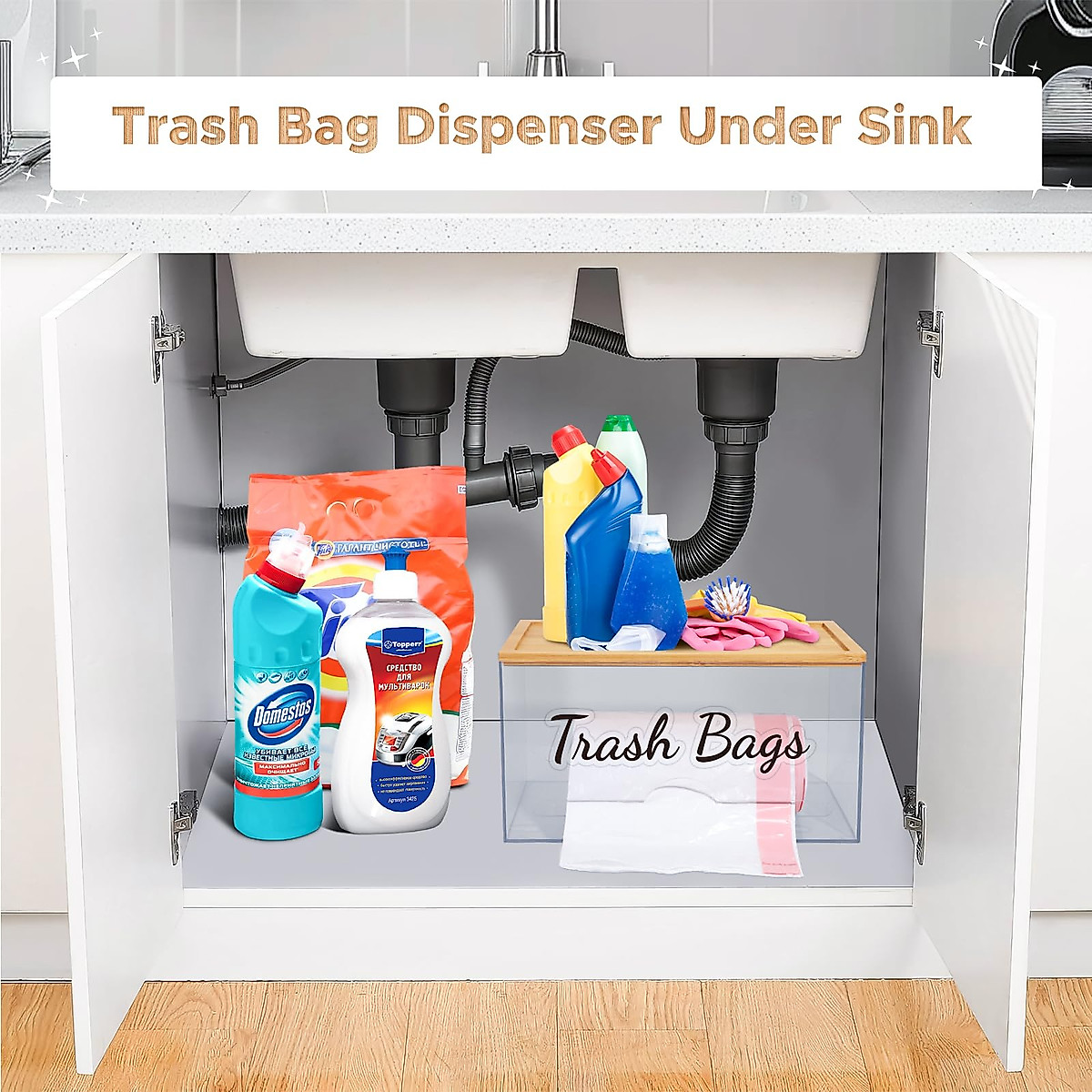JYPS Trash Bag Holder Dispenser Organizer With Bamboo Lid, Wall Mounted, Garbage Bag Dispenser Holder, Trash Bag Dispenser Standrad Roll Holder for Kitchen Organization, Under Sink