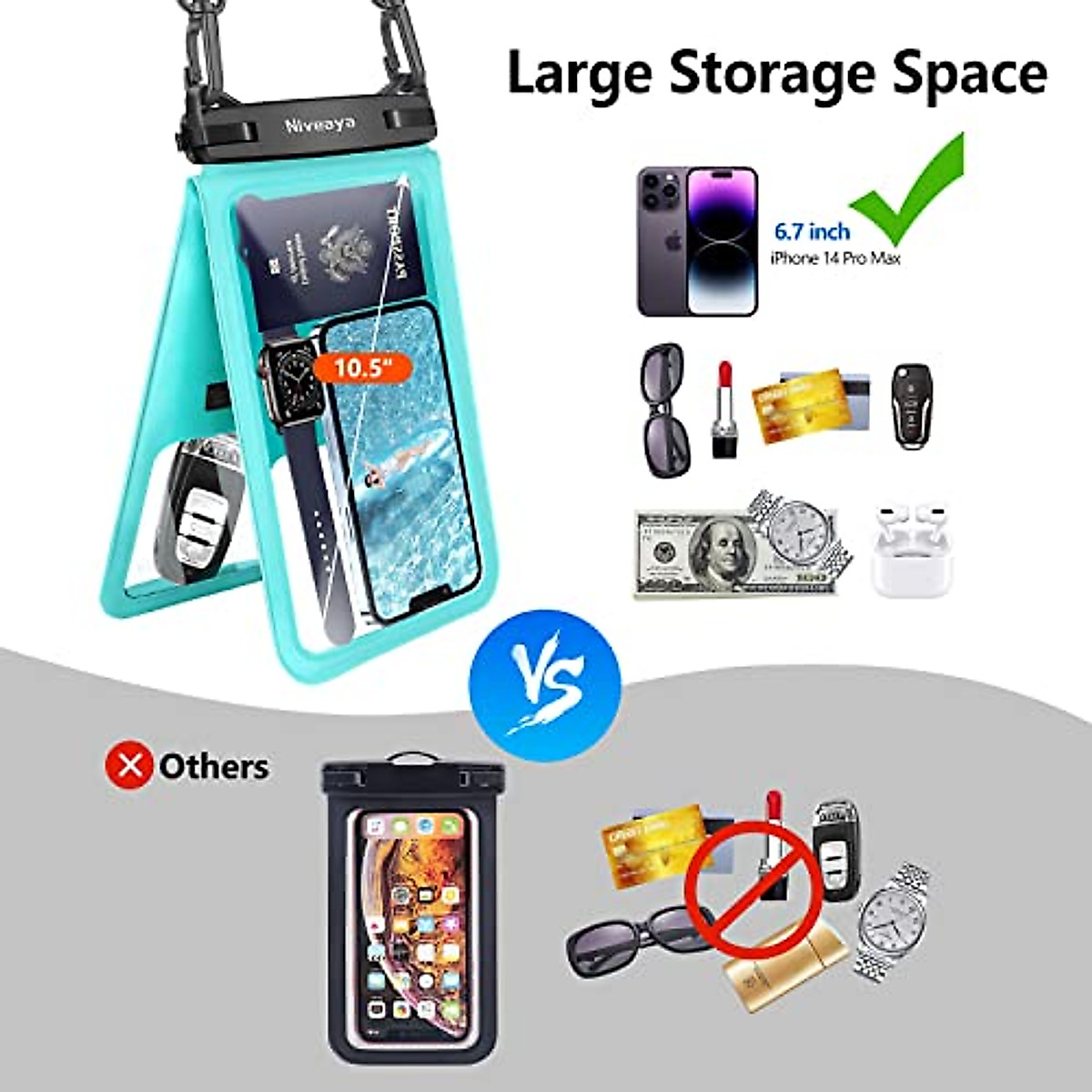 Niveaya [Up to 10.5" Large Floating Waterproof Phone Pouch - 2 Pack, Double Space Waterproof Phone Case with iPhone 15/14/13/12/ Pro Max/Pro/8 Plus, Galaxy S22/S21/S20/S10/Note 20/10/9.