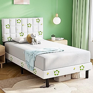 Molblly Twin Bed Frame Upholstered Platform with Velvet Headboard and Strong Wooden Slats, Non-Slip,No Box Spring Needed, Easy Assembly,White Green