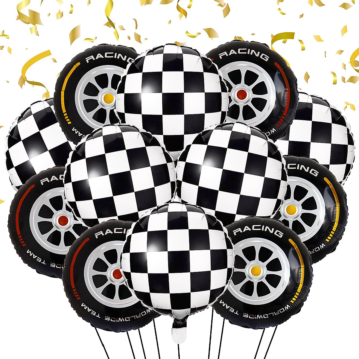 Stcomart 18 Inch Race Car Wheel Balloons, Black and White Checkered Balloons for Birthday Party, Race Car Theme Party, 12 PCS