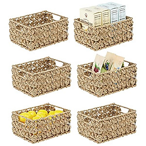 mDesign Seagrass Woven Rectangular Storage Basket Bin with Handles, Rectangle Weave Seagrass Storage Baskets for Shelves, Cubbies, Home, Hold Hand Towels, Food, Snacks, Appliances, 6 Pack, Natural/Tan