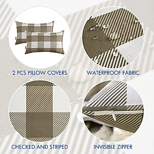 MIULEE Plaids Pillow Covers Checkered Throw Pillow Covers Outdoor Waterproof Decorative Pillowcases Set of 2 for Sofa Couch Living Room Patio Garden 12x20 Inch, Brown and White
