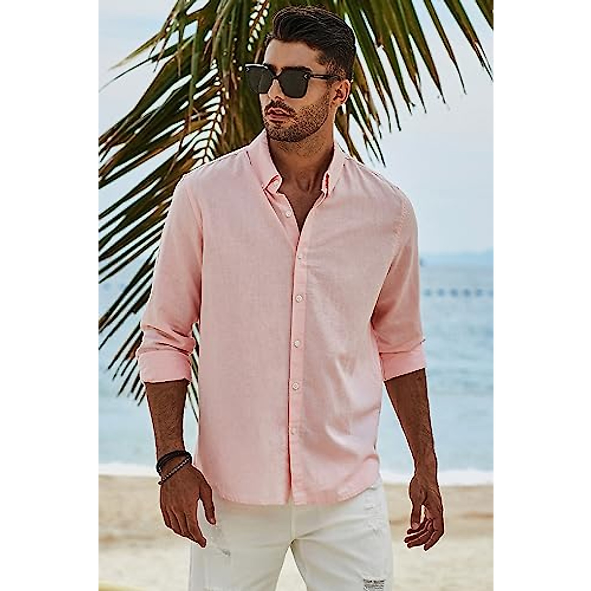 JMIERR Mens Cotton Linen Casual Stylish Button-Down Shirt Long Sleeve Business Plain Dress Shirts Old Money Aesthetic Shirts for Men,US50(2XL),B Pink