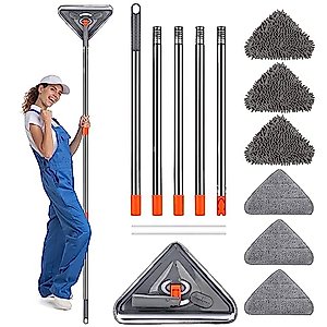 Wall Mop Wall Cleaner with 85 Inch ​Long Handle, 360° Rotating Microfiber Dust Mop, Skirting Cleaning Tool Ceiling Gasket Window Cleaning Kit with 6 Replacement Pads and 25" to 85" Extension Pole